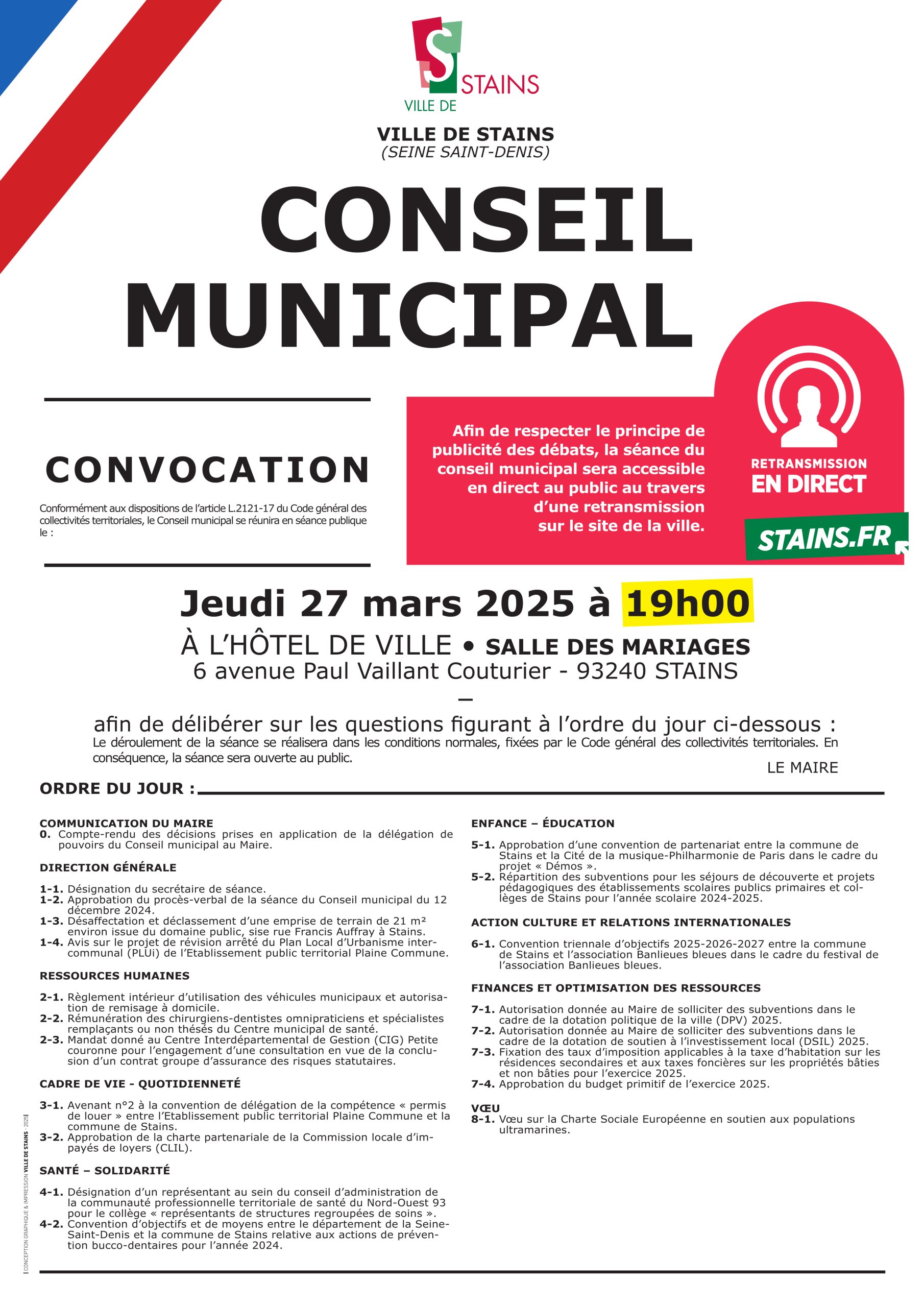 Conseil municipal du Jeudi 27 mars 2025 - Ordre du jour - Ville de Stains